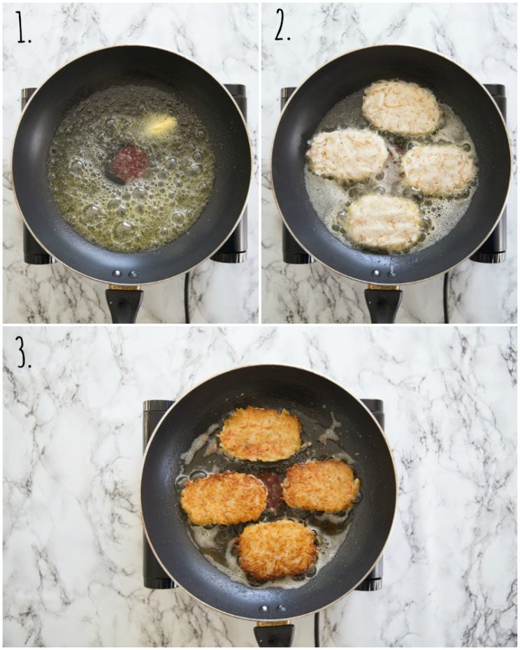 How do you cook frozen hash brown patties in a frying pan?