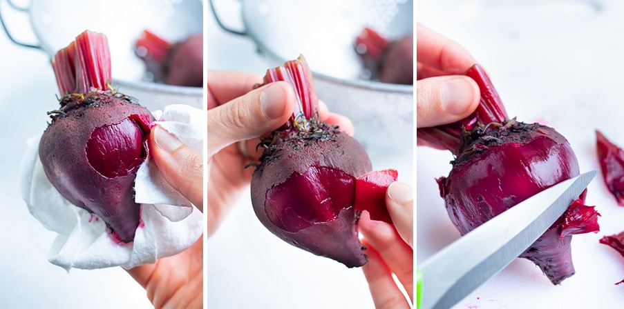 How do you remove the skin from raw beets?