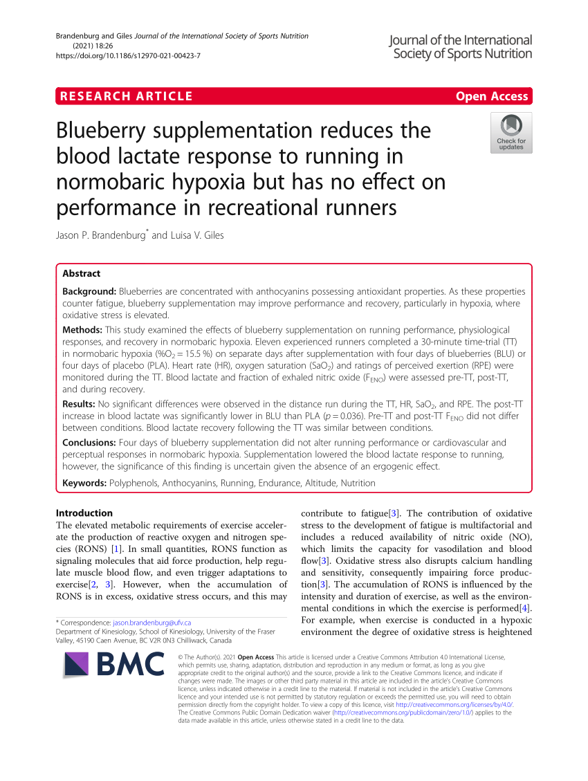 How does blueberry supplementation affect blood lactate response to running?