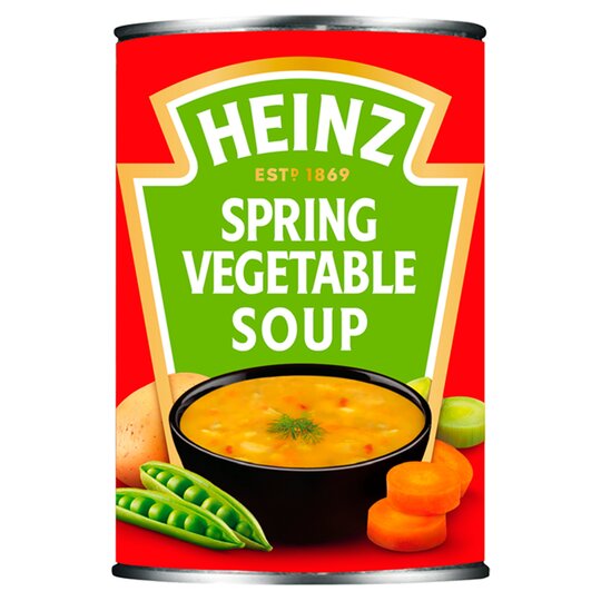 How many calories are in a tin of Heinz spring vegetable soup?