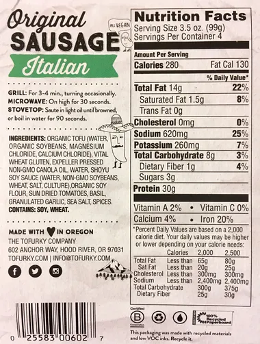 How many carbs are in Tofurky Italian sausage?