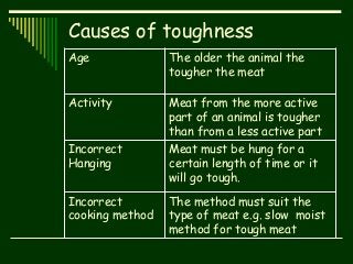 What are 4 causes of toughness in meat?