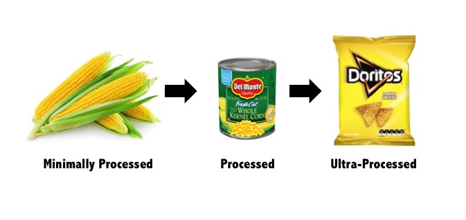 What are some examples of minimally processed versus highly processed foods?