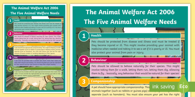 What are the 5 animal welfare needs?