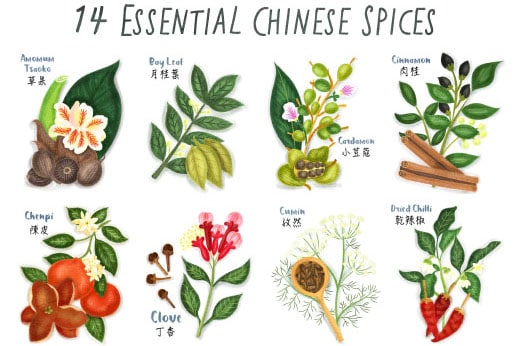 What are the most common herbs and spices used in China?