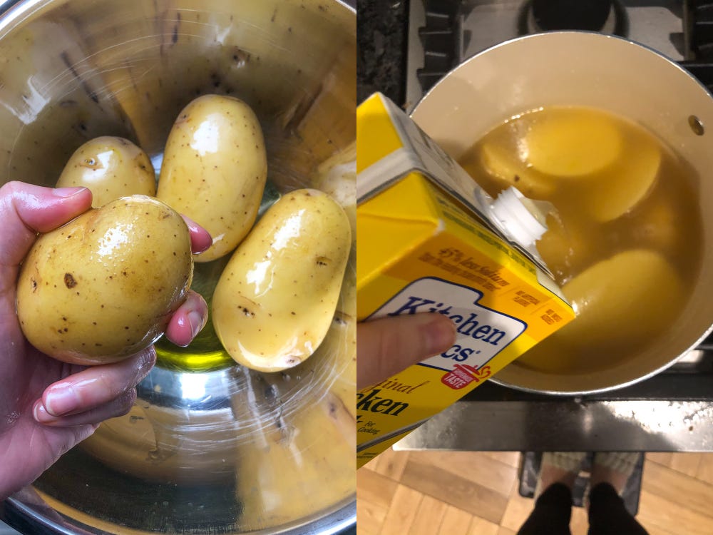 What does boiling potatoes in chicken broth do?